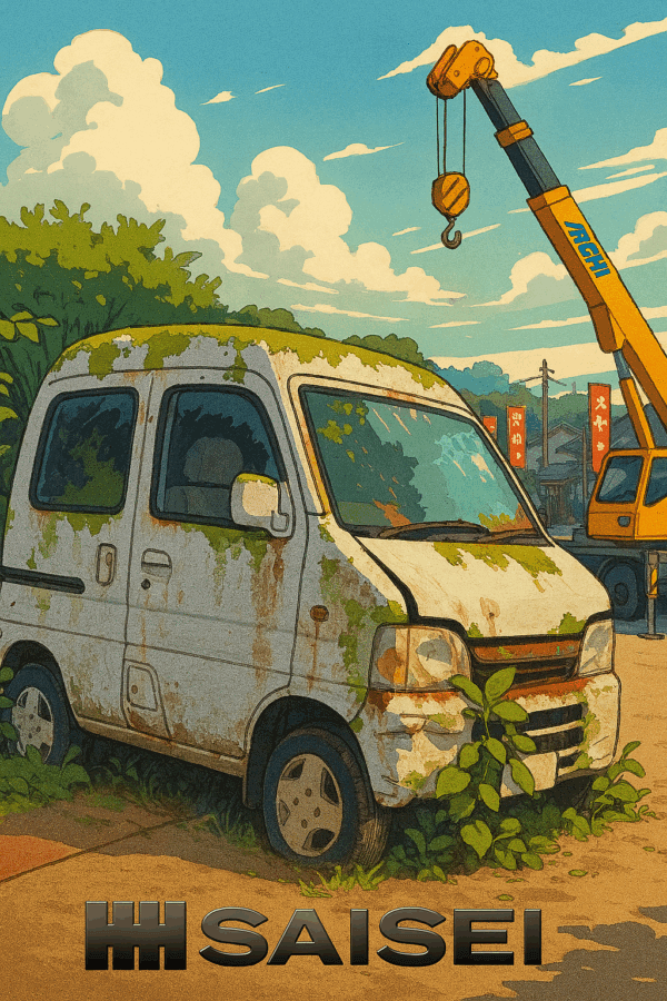 【福岡市早良区】長年放置された軽バンをクレーン車で引取｜廃車処分はお任せください